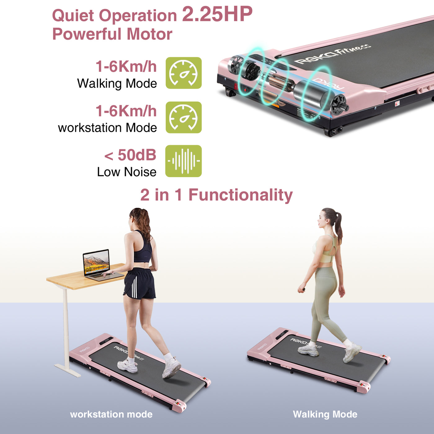 REKA Fitness Pink Walking Pad, 2.25HP, Manual Incline, FitShow APP, Sp