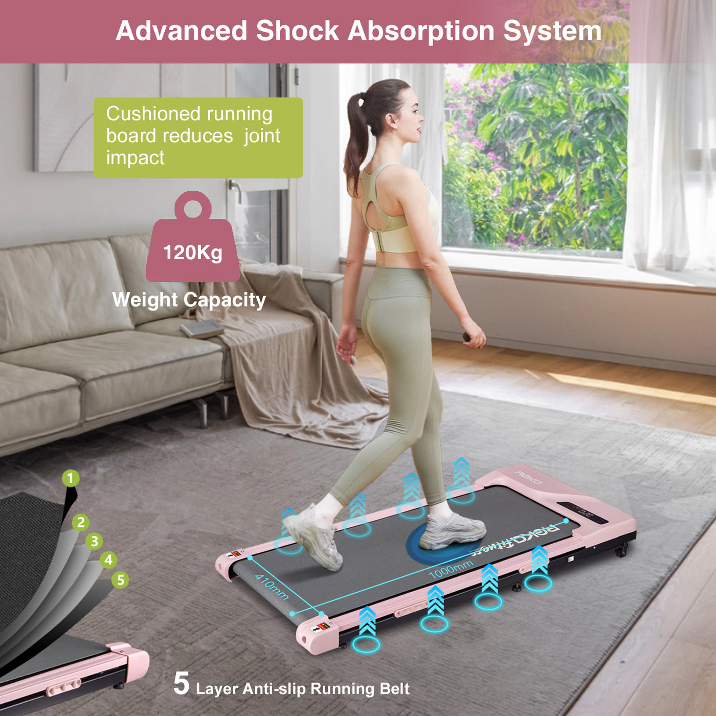 REKA Fitness Pink Walking Pad, 2.25HP, Manual Incline, FitShow APP, Sp