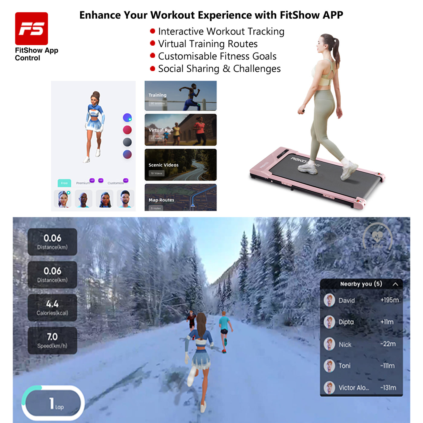 REKA Fitness Pink Walking Pad, 2.25HP, Manual Incline, FitShow APP, Sp
